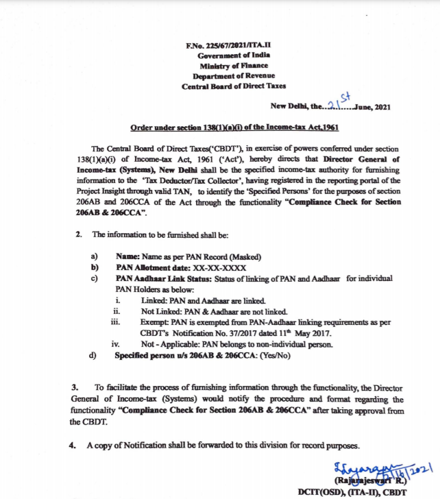 CBDT Order u/s 138(1)(a)(i) of Income-tax Act, 1961 ,for furnishing ...