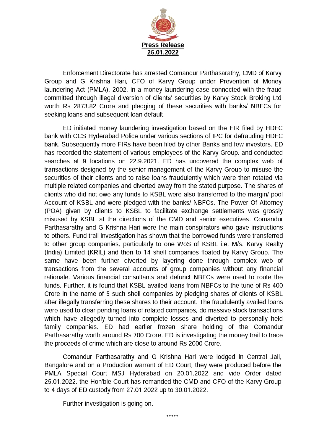 ED has arrested C Parthasarathy, Chairman & MD, and G Hari Krishna, CFO ...