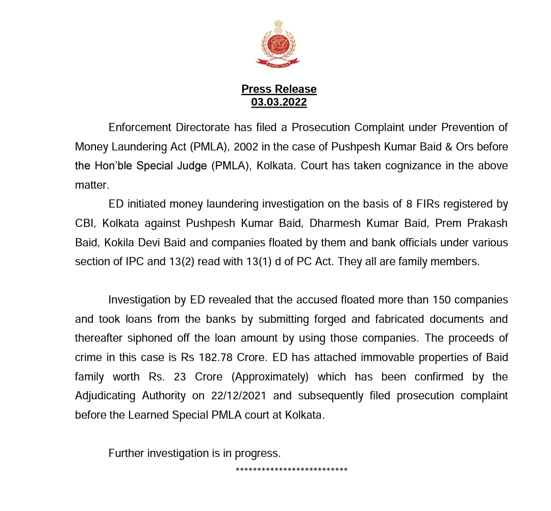 ED has filed a Prosecution Complaint against Pushpesh Kumar Baid & Ors ...