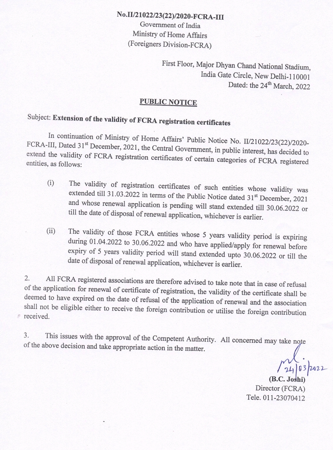 Extension of the validity of FCRA registration certificates (Public ...