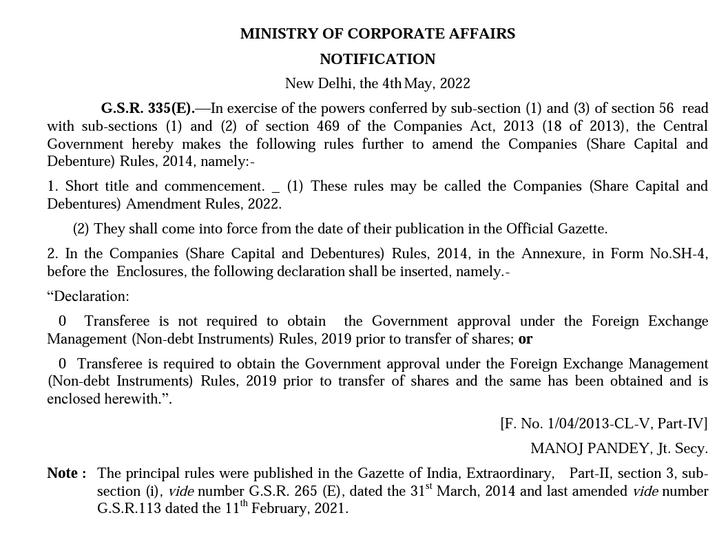 Amendment in Securities Transfer Form no. SH-4 (MCA Notification dated ...