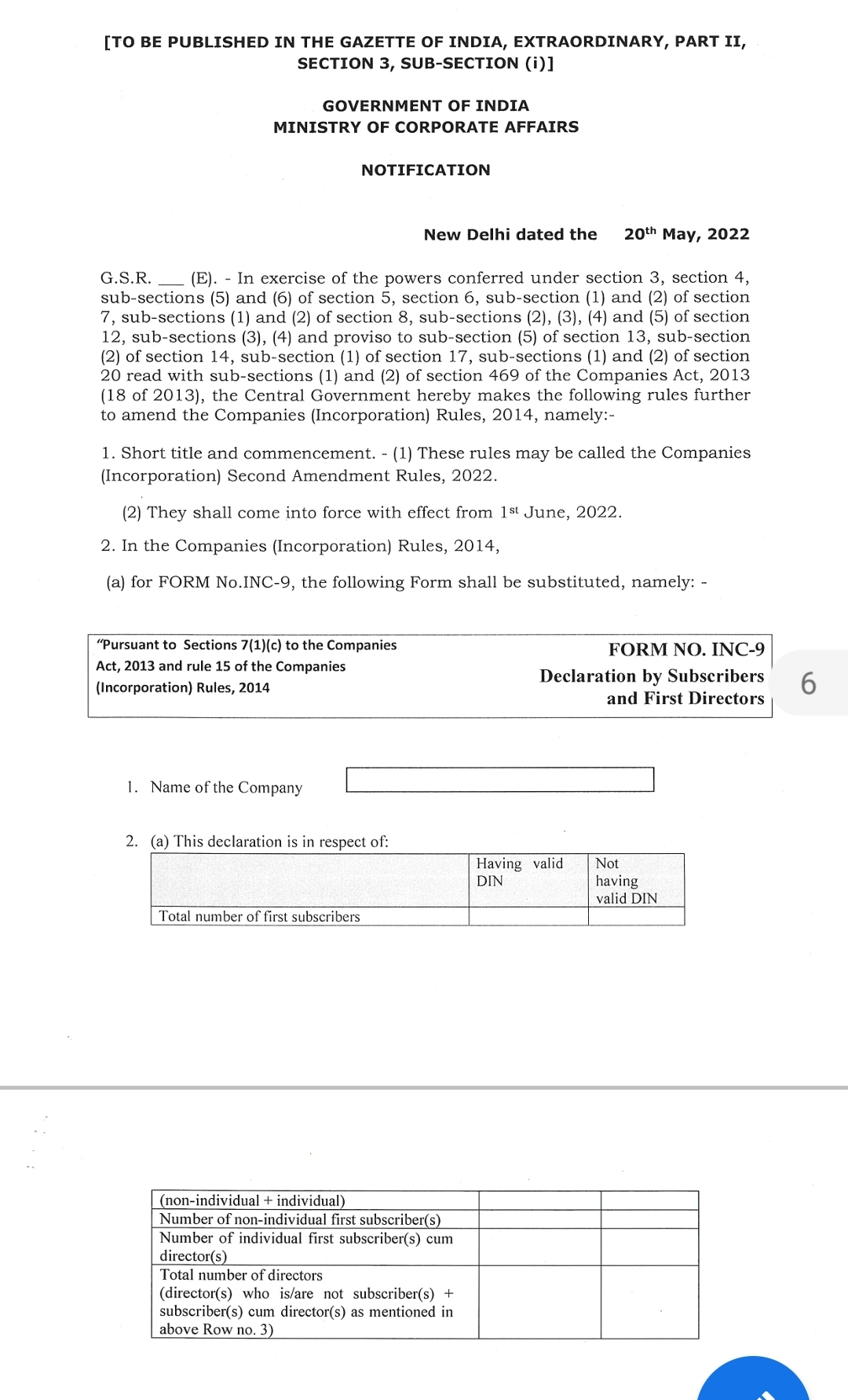 New INC Form 9Effective from 01/06/2022 (MCA Notification dated 20 May ...