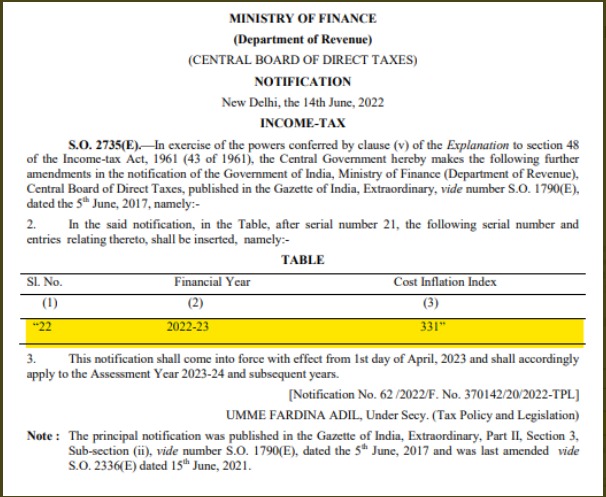 Cost Inflation Index for the FY 2022-23 is 331 (CBDT Notification dated ...